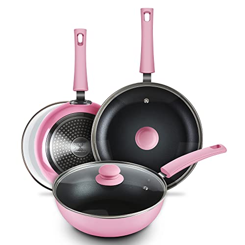 SHINEURI Frying Pans 6 Pieces Nonstick Cookware Set 9.5” and 11” Frying Pan Skillet Pan and Wok with Lid Ceramic Cookware Set