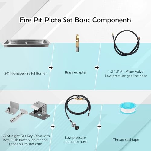 24" x 8" Drop-in Fire Pit Pan, Rectangular Stainless Steel Natural & Propane Gas Firepit Insert Kit with H-Burner, Spark Ignition and Propane Hose Kit for Indoor & Outdoor, Rated for up to 120,000 BTU