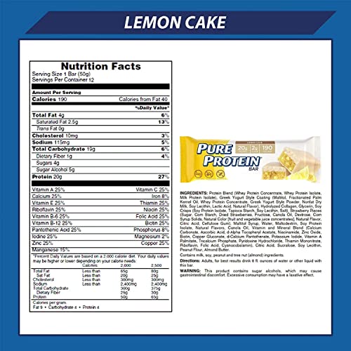 Pure Protein Bars, High Protein, Nutritious Snacks to Support Energy, Low Sugar, Gluten Free, Lemon Cake, 1.76 Oz (Box of 6-3 Boxes)