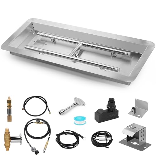 24" x 8" Drop-in Fire Pit Pan, Rectangular Stainless Steel Natural & Propane Gas Firepit Insert Kit with H-Burner, Spark Ignition and Propane Hose Kit for Indoor & Outdoor, Rated for up to 120,000 BTU