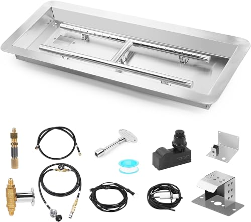 24" x 8" Drop-in Fire Pit Pan, Rectangular Stainless Steel Natural & Propane Gas Firepit Insert Kit with H-Burner, Spark Ignition and Propane Hose Kit for Indoor & Outdoor, Rated for up to 120,000 BTU