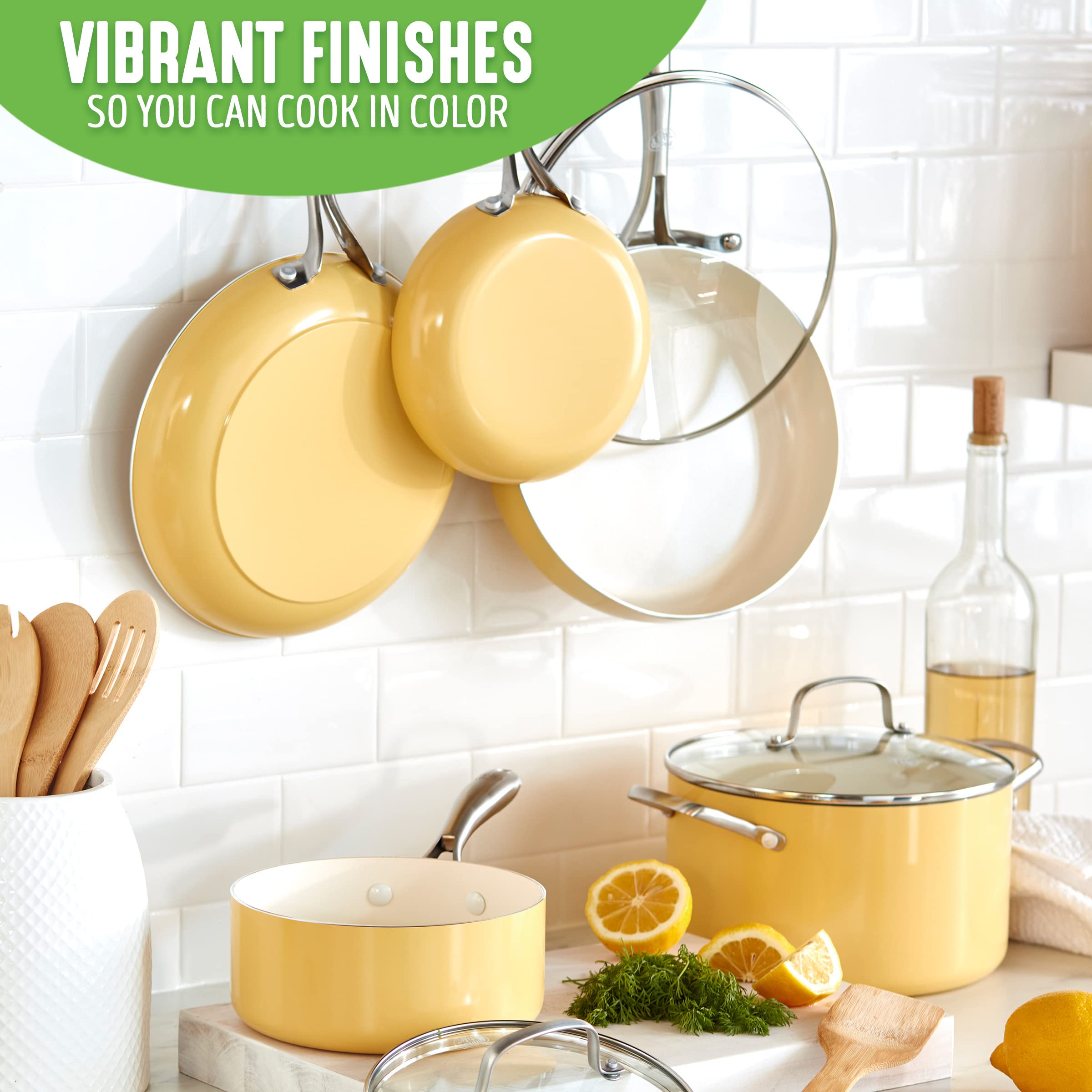 GreenLife Artisan Healthy Ceramic Nonstick, 12 Piece Cookware Pots and Pans Set, Stainless Steel Handle, Induction, PFAS-Free, Dishwasher Safe, Oven Safe, Yellow