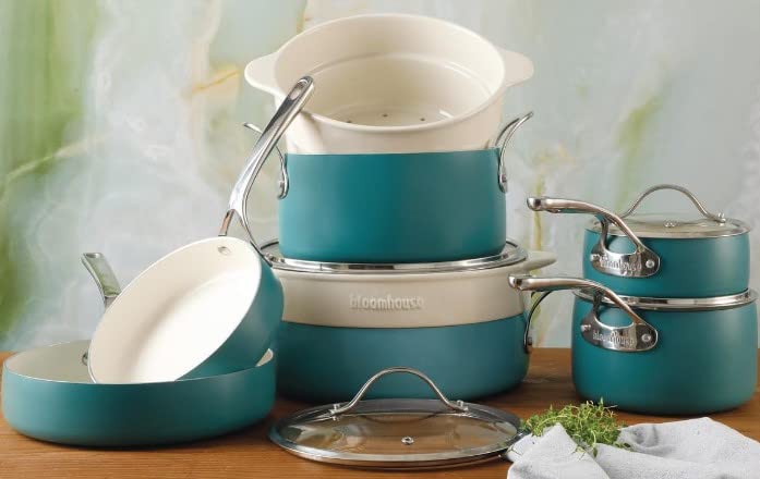 Bloomhouse - Oprah's Favorite Things - 12 Piece Aluminum Pots and Pans Cookware Set w/Non-toxic Ceramic Non-stick, Ceramic Steamer Insert, & 12 Protective Care Bags - Agave Blue