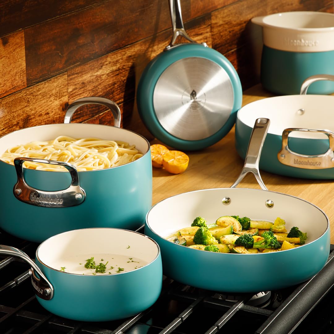 Bloomhouse - Oprah's Favorite Things - 12 Piece Aluminum Pots and Pans Cookware Set w/Non-toxic Ceramic Non-stick, Ceramic Steamer Insert, & 12 Protective Care Bags - Agave Blue
