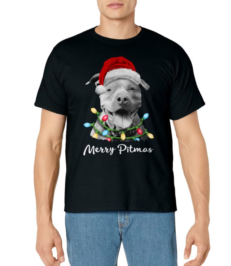 Pit Bull Santa Christmas Tree Lights Xmas Merry Pitmas T-Shirt
