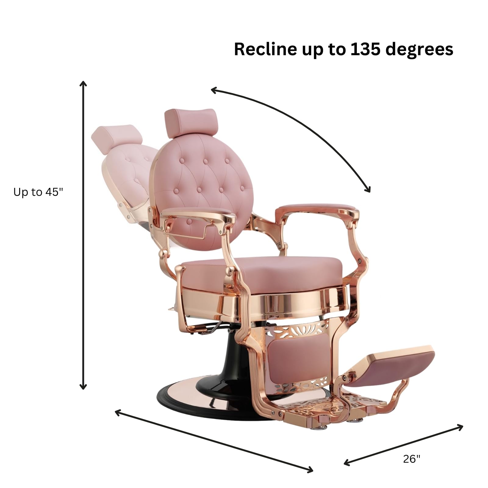Truman Vintage Barber Chair, Reclining Heavy Duty Barber Chair, Pink Seat Rose Gold Frame