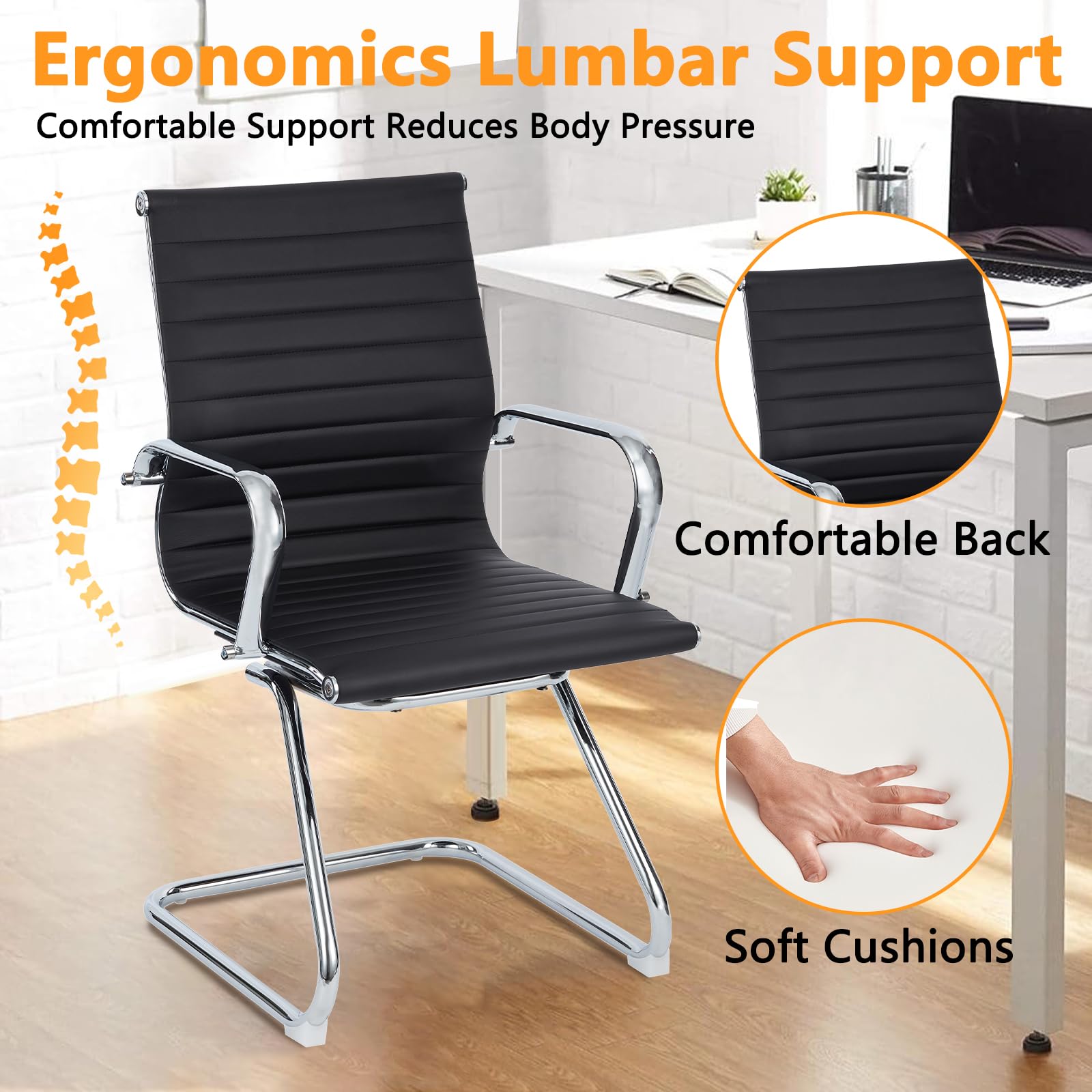 Office Guest Chair Meeting Room Chair Leather Folding Reception Chair Without Wheel with Sled Base for Waiting Room Conference Room Living Room Home Office (2 Pack)