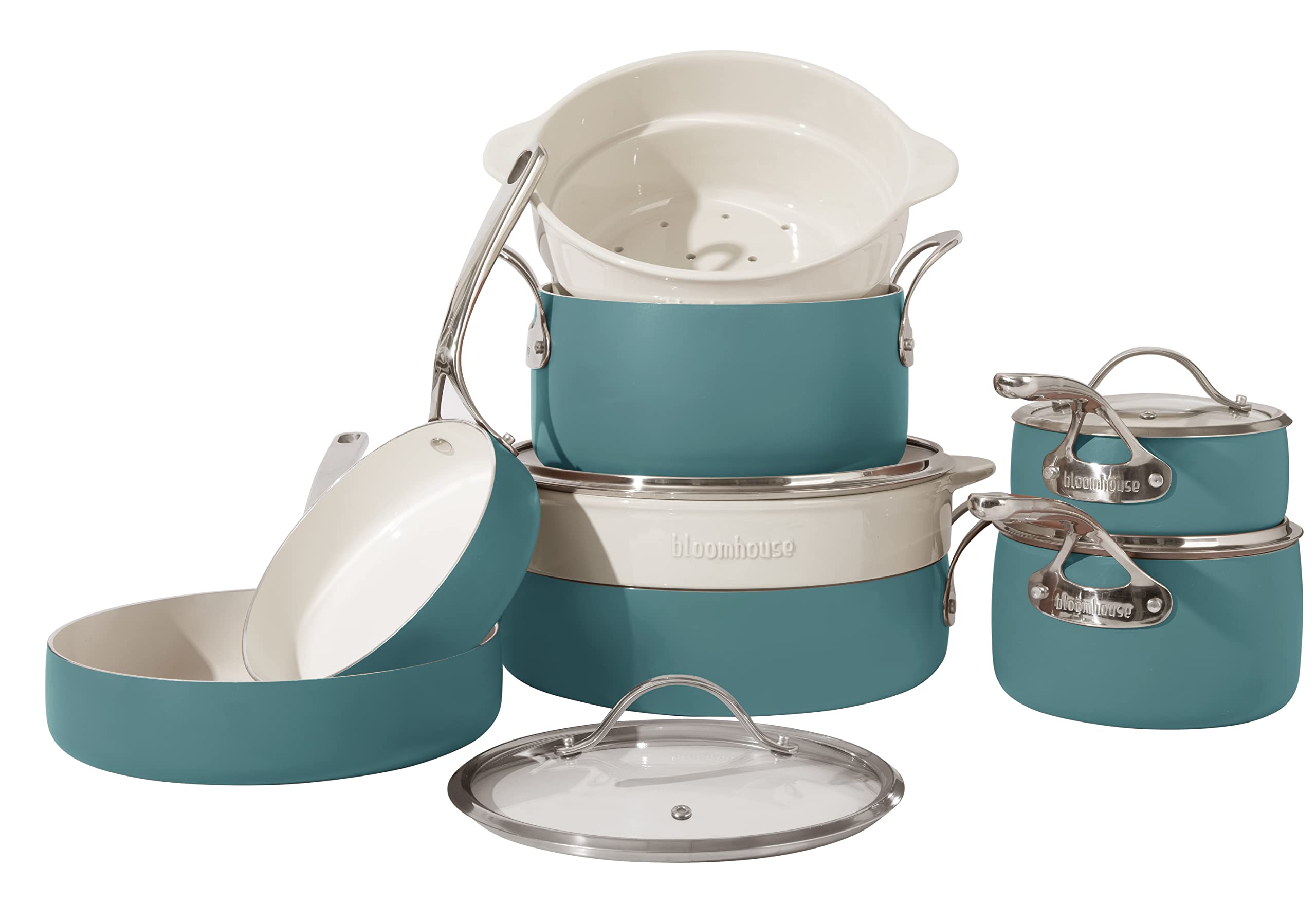 Bloomhouse - Oprah's Favorite Things - 12 Piece Aluminum Pots and Pans Cookware Set w/Non-toxic Ceramic Non-stick, Ceramic Steamer Insert, & 12 Protective Care Bags - Agave Blue