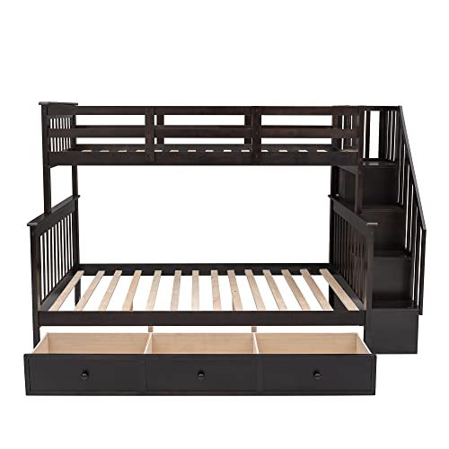 Twin Over Full Bunk Bed with Storage Drawer, Wood Bunk Beds with Stairway, Storage Shelf and Full-Length Guard Rail, Kids bunk Bed Twin Over Full, No Box Spring Needed (Espresso)