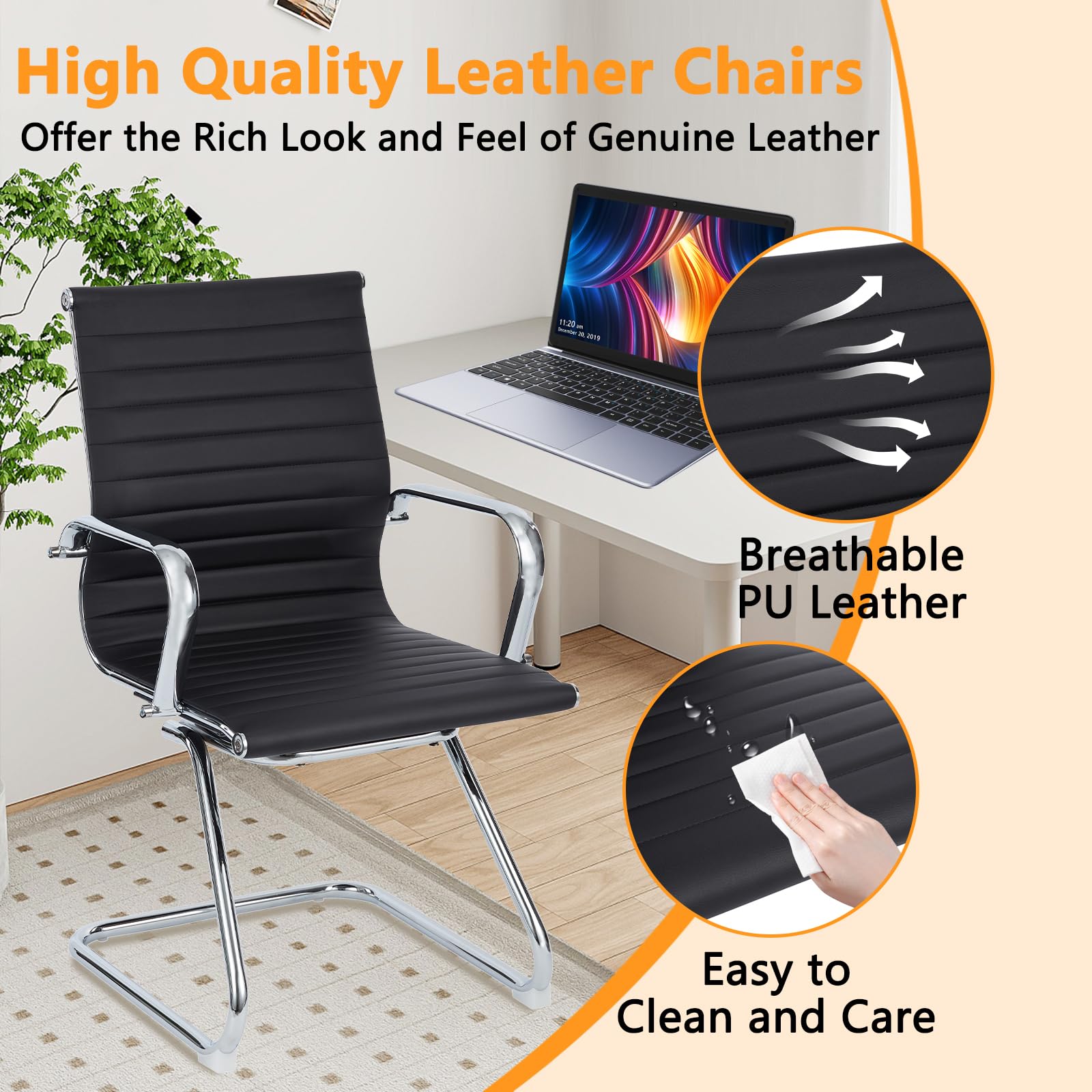 Office Guest Chair Meeting Room Chair Leather Folding Reception Chair Without Wheel with Sled Base for Waiting Room Conference Room Living Room Home Office (2 Pack)