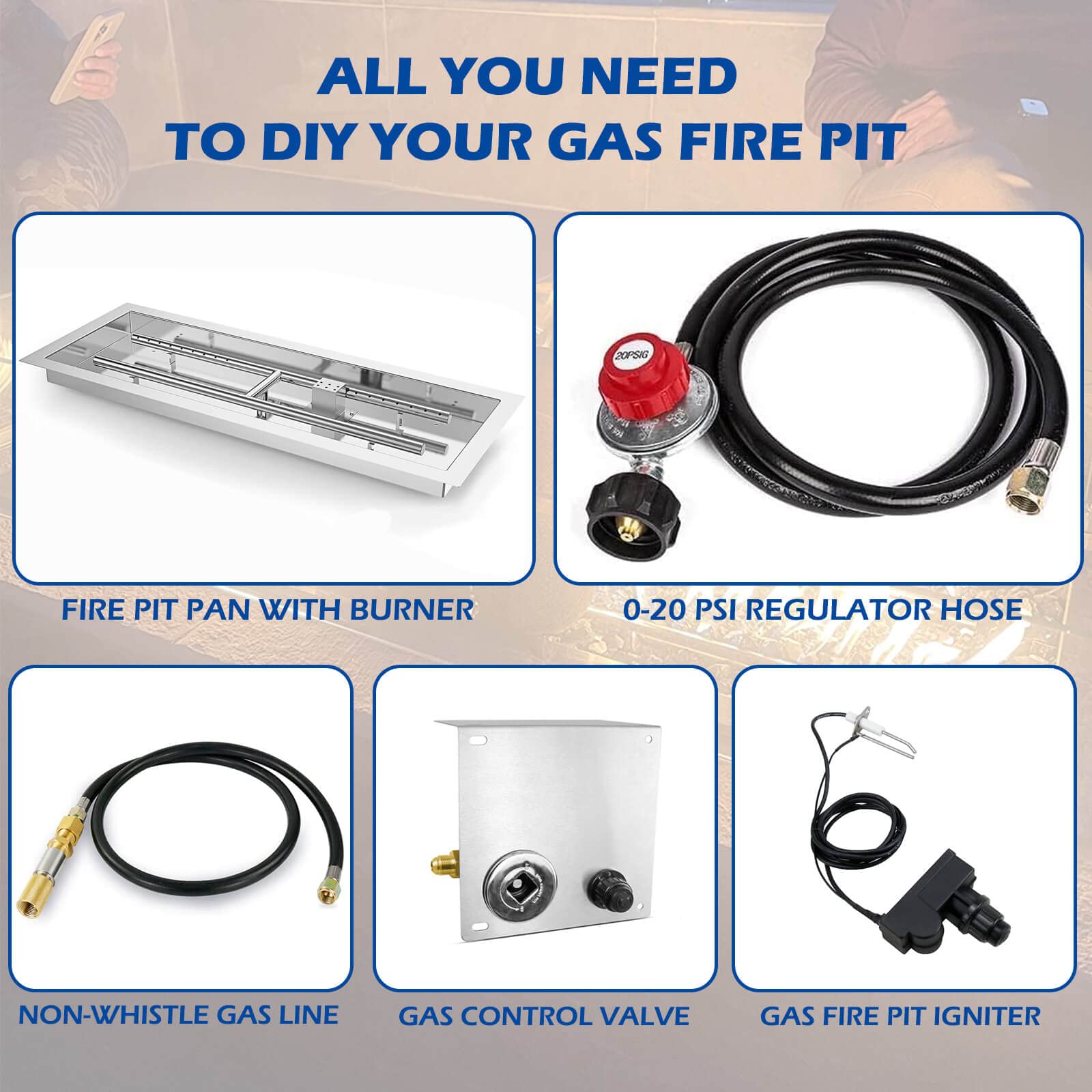 GRISUN Drop-in Fire Pit Kit 30 x 10 Inch, H-Shape Burner with Pan, Come with Upgraded Spark Ignition Kit for Gas Fire Pit, Fire Pit Table Insert Stainless Steel, Suitable for Indoor Outdoor Decoration