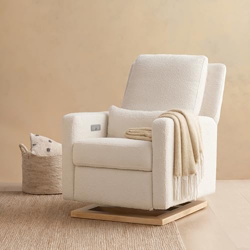 Babyletto Sigi Electronic Power Recliner and Glider with USB Port in Ivory Boucle with Light Wood Base, Greenguard Gold and CertiPUR-US Certified