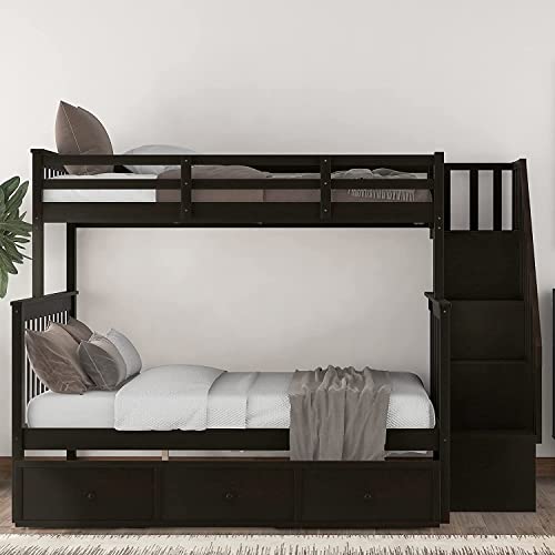 Twin Over Full Bunk Bed with Storage Drawer, Wood Bunk Beds with Stairway, Storage Shelf and Full-Length Guard Rail, Kids bunk Bed Twin Over Full, No Box Spring Needed (Espresso)