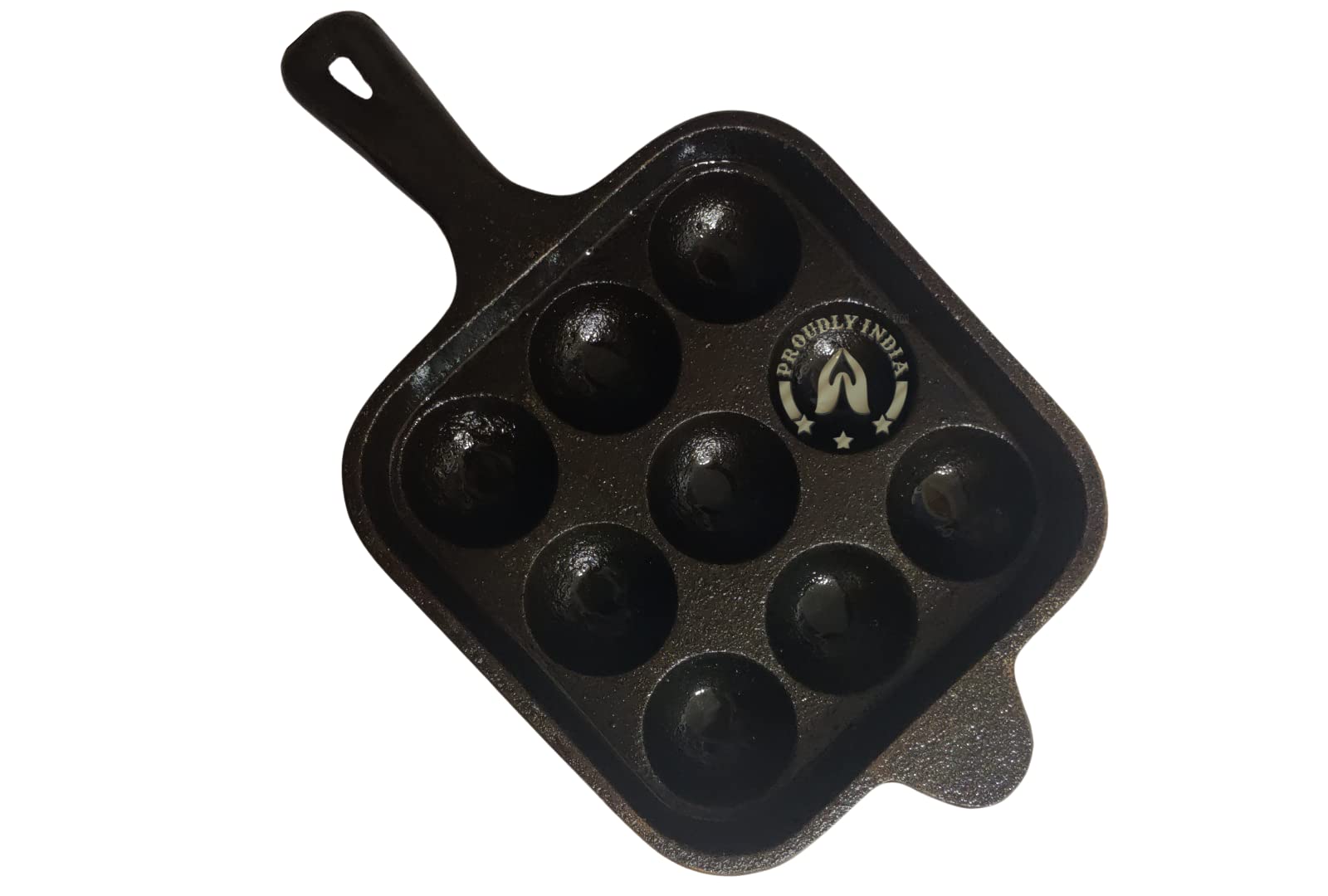 Cast Iron Paniyaram | Paddu Pan Long Handle Induction Compatible - SQUARE | 9 Pits | Flat Bottom with Ring and Handle | with FREE Turner Rod