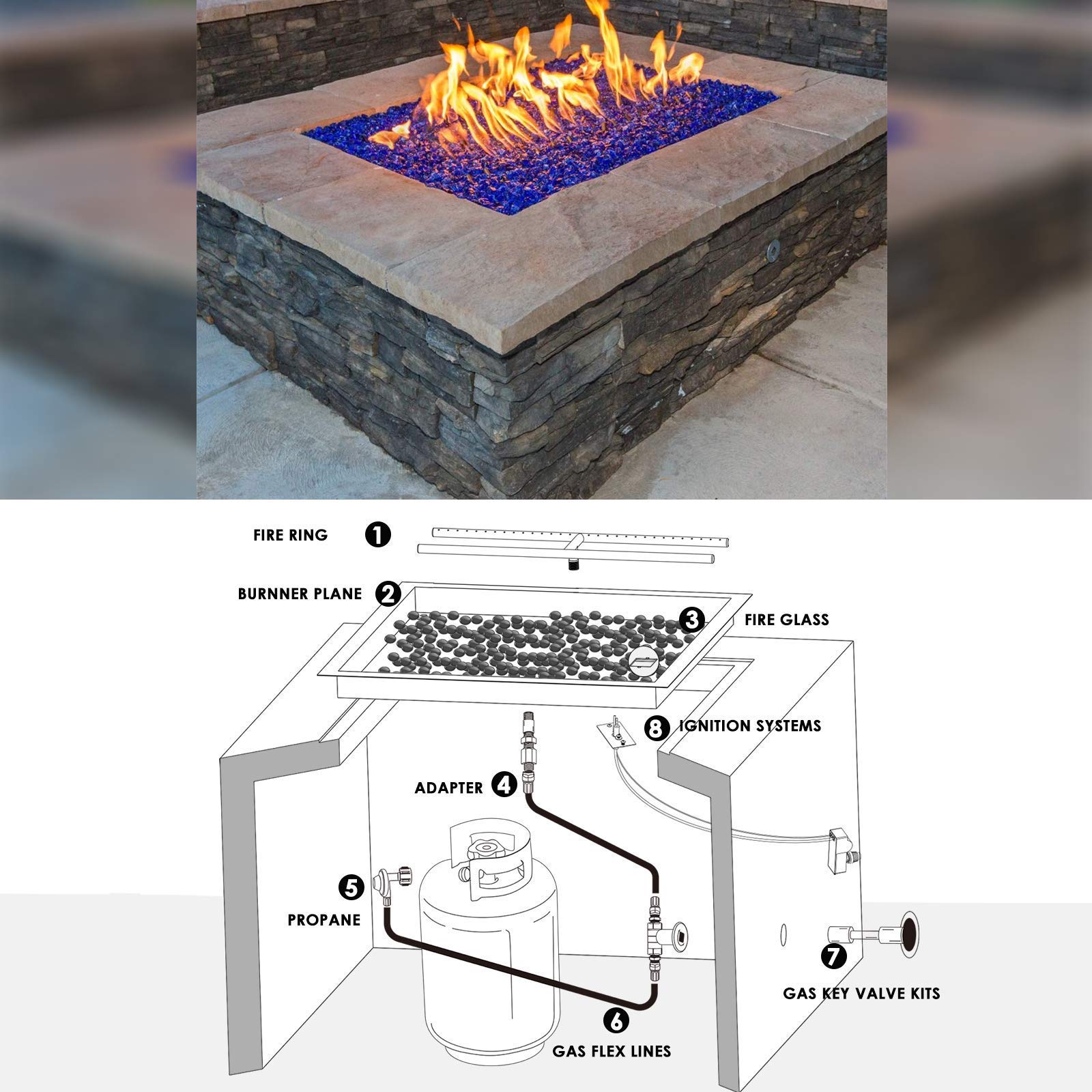 GRISUN Drop-in Fire Pit Kit 30 x 10 Inch, H-Shape Burner with Pan, Come with Upgraded Spark Ignition Kit for Gas Fire Pit, Fire Pit Table Insert Stainless Steel, Suitable for Indoor Outdoor Decoration