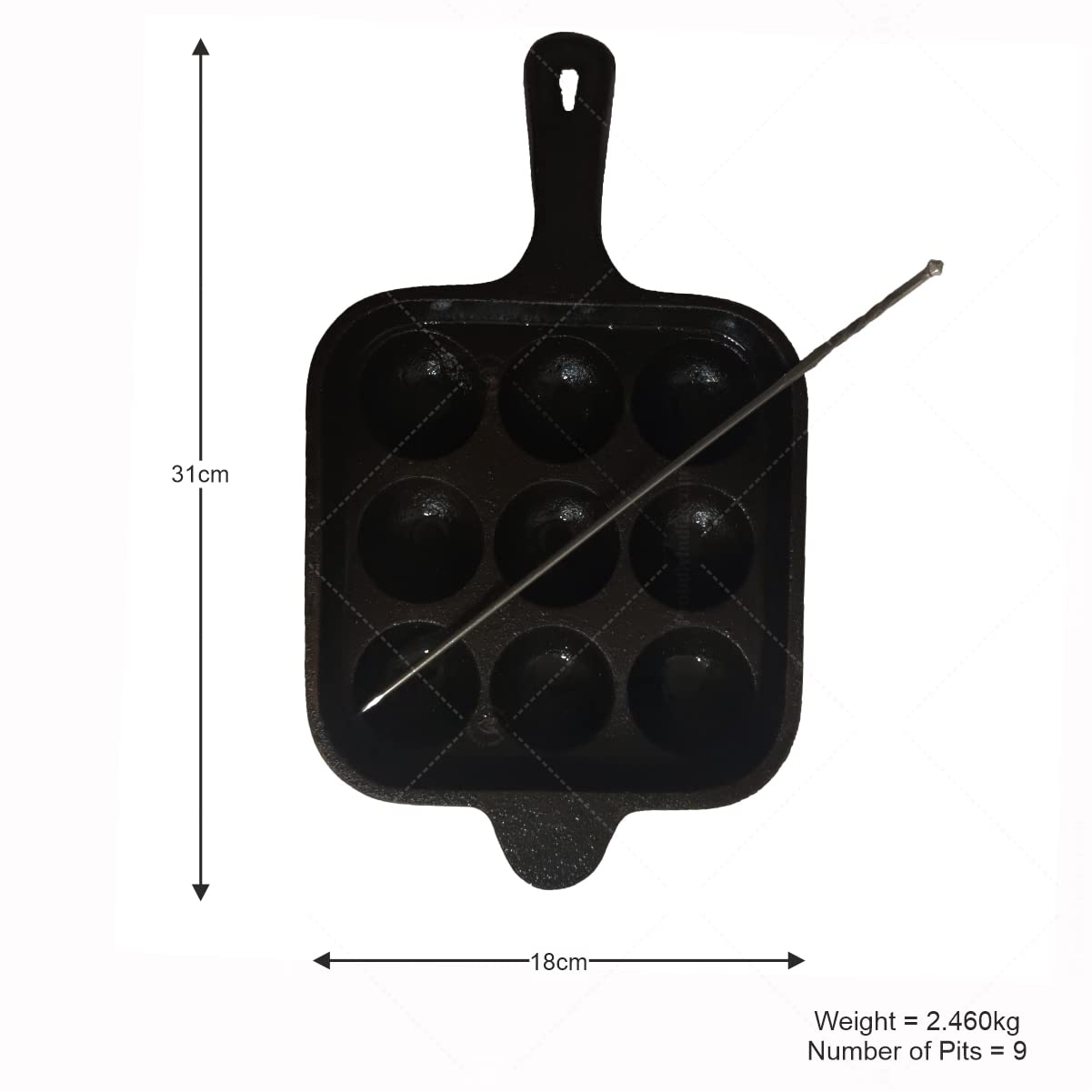 Cast Iron Paniyaram | Paddu Pan Long Handle Induction Compatible - SQUARE | 9 Pits | Flat Bottom with Ring and Handle | with FREE Turner Rod