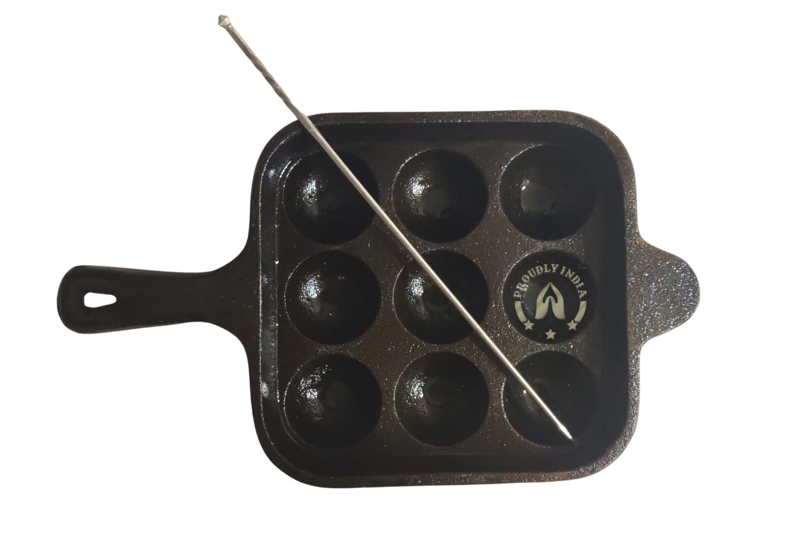 Cast Iron Paniyaram | Paddu Pan Long Handle Induction Compatible - SQUARE | 9 Pits | Flat Bottom with Ring and Handle | with FREE Turner Rod