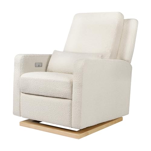 Babyletto Sigi Electronic Power Recliner and Glider with USB Port in Ivory Boucle with Light Wood Base, Greenguard Gold and CertiPUR-US Certified