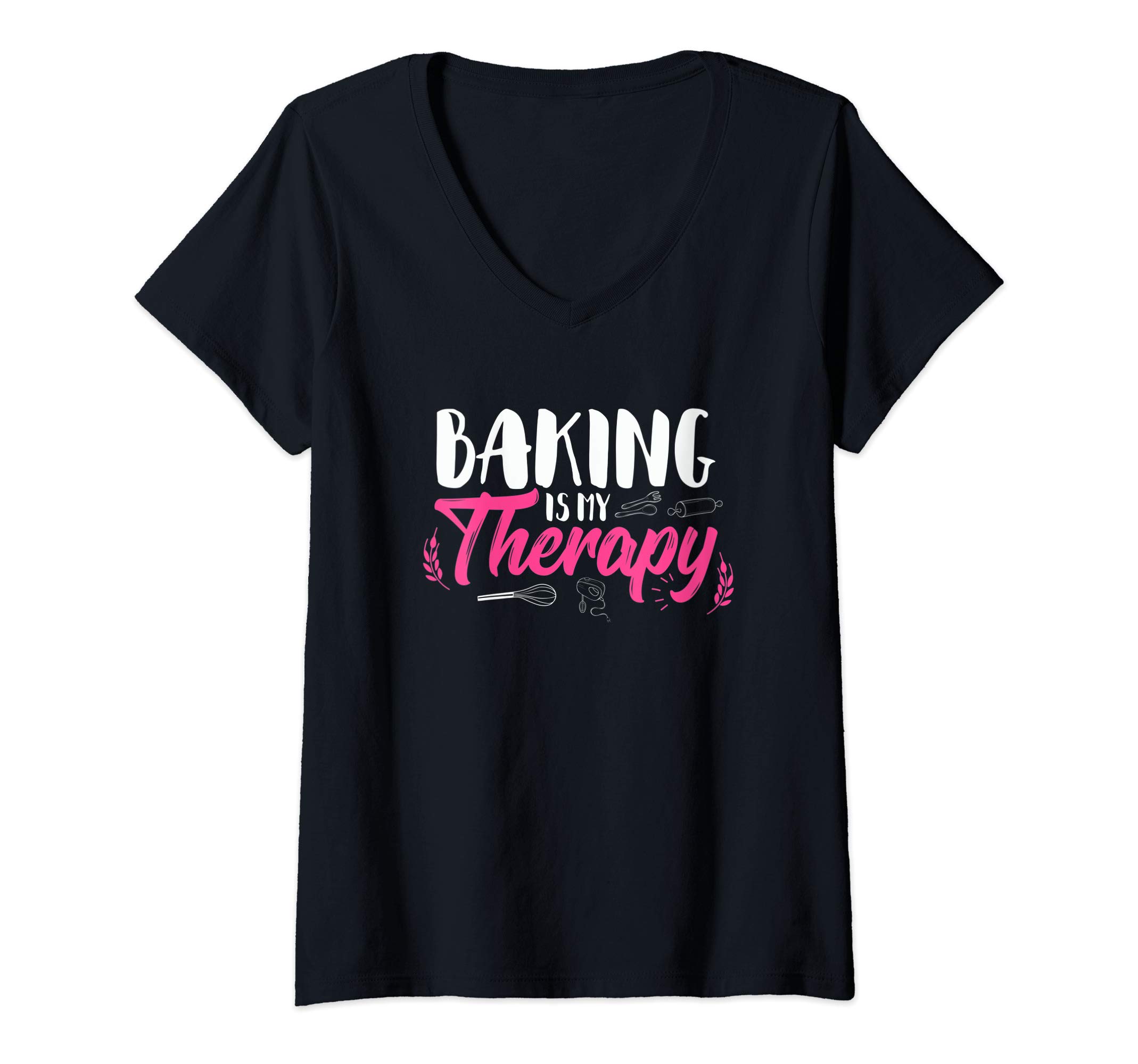 Womens Baking Is My Therapy T-Shirt Cupcake Bakers Pastry Chefs V-Neck T-Shirt