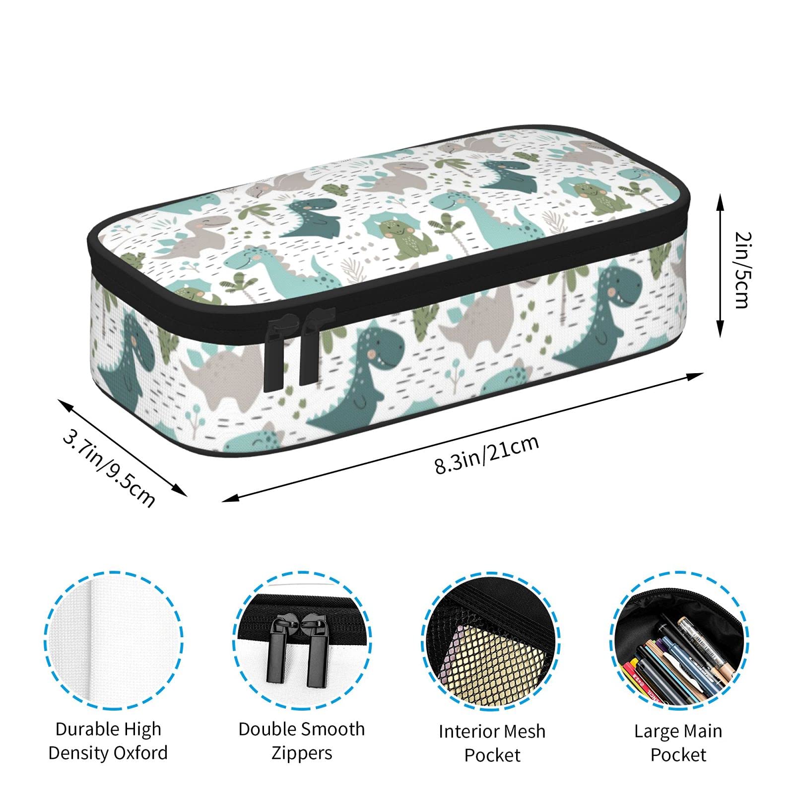 Gocerktr White Dinosaurs Pencil Case Large Capacity Pencil Bag Double Zippers Pen Bag with Compartments Multifunction Makeup Bag for Women