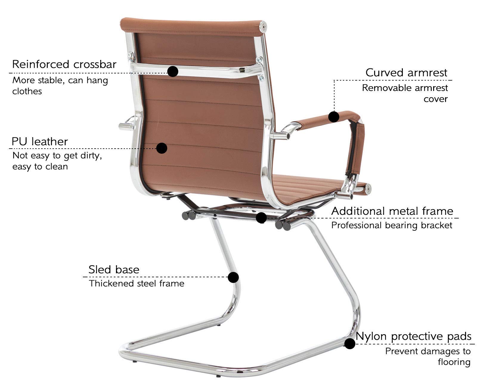 Guyou Office Reception Guest Chairs Set of 4 Mid Back PU Leather Metal Leg Sled Base Conference Reception Room Chairs with Arms (Coffee, 4 PCS)