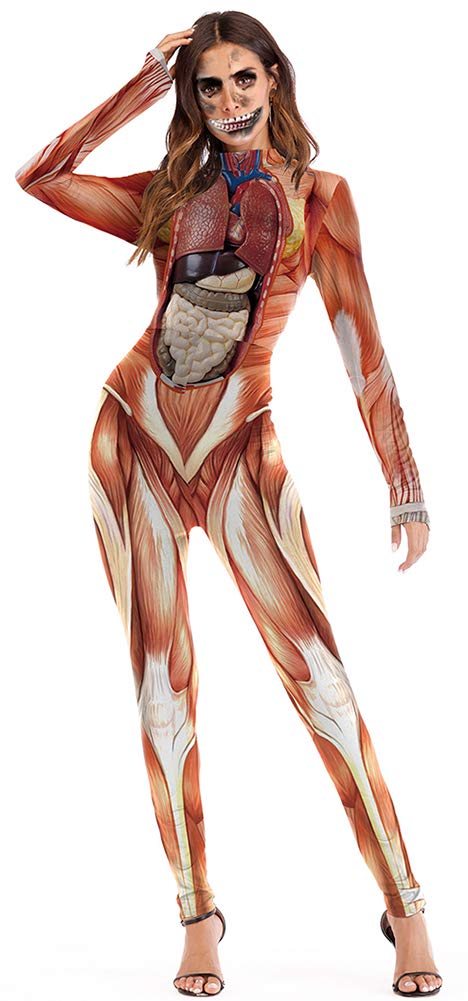Sister Amy Women's Halloween Skull Skeleton Bodysuit Skinny Stretch Costume D-Muscle L/XL