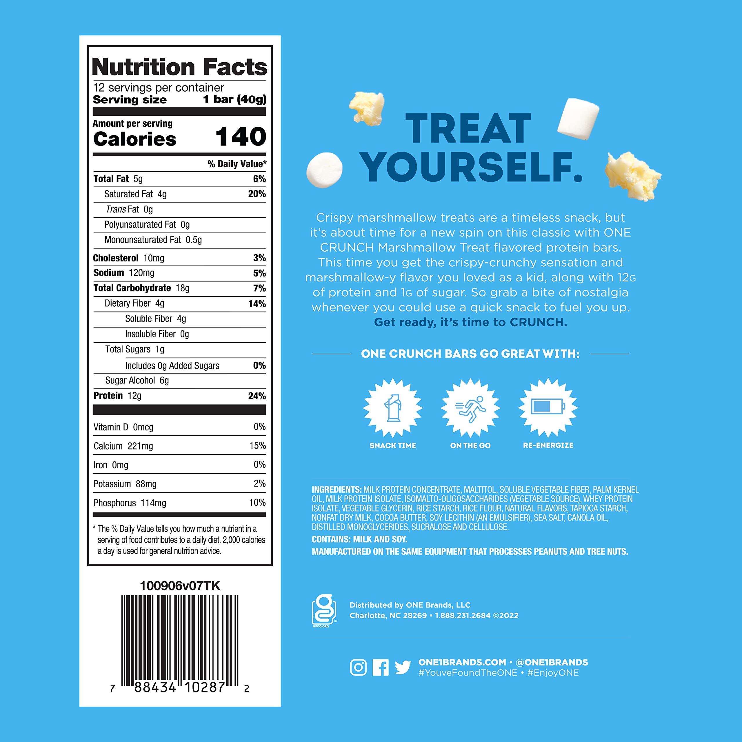 ONE Crunch Protein Bars, Marshmallow Treat, Gluten Free Protein Bars with 12g Protein and 1g Sugar, Pantry Staples, 2.12 oz (12 Count)