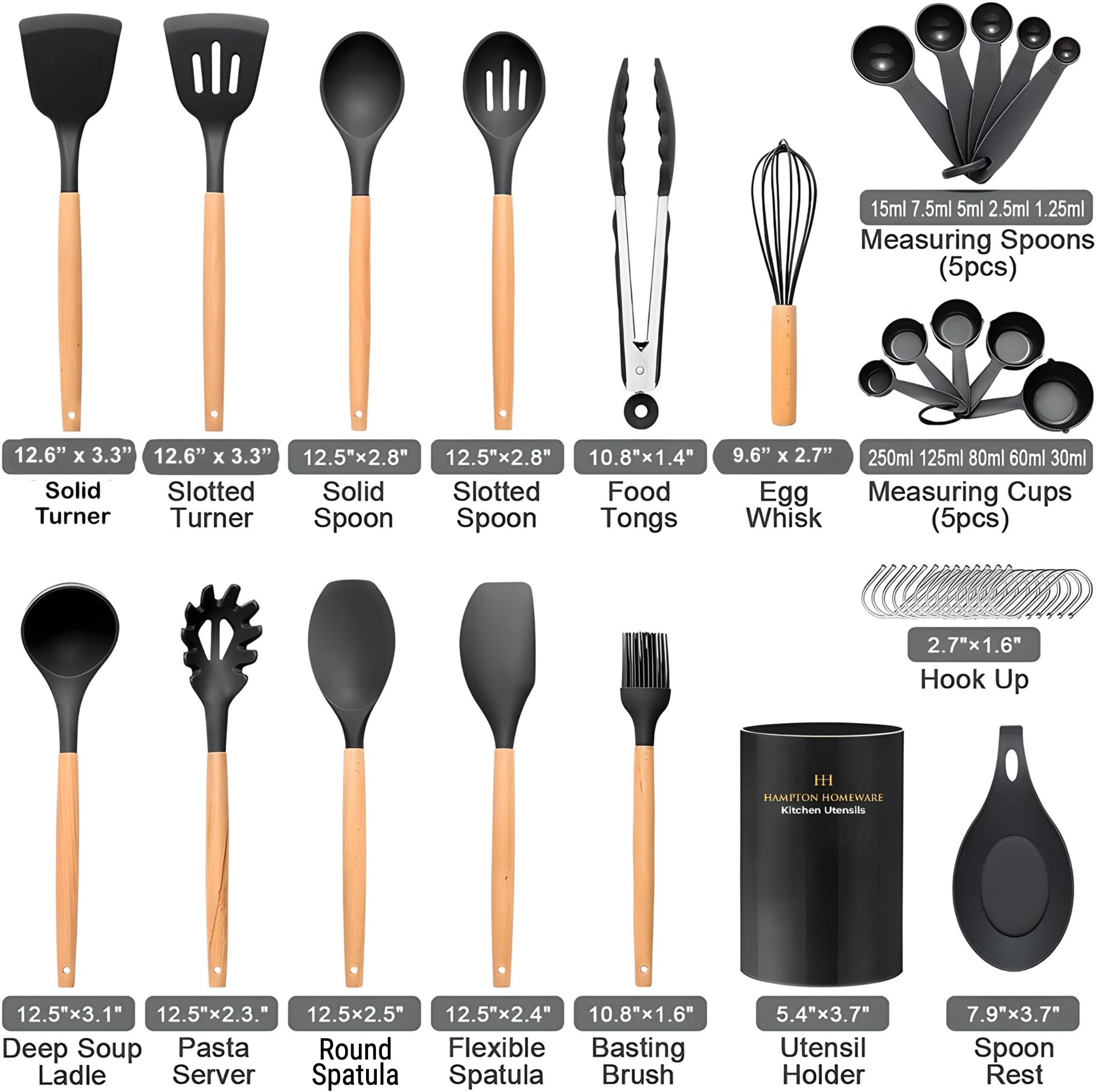 Kitchen Utensils Set, 33 pcs Non-Stick Silicone Cooking Utensils Set, Heat-Resistant Silicone, Wooden Utensils for Cooking, Kitchen Gadgets Spatula Set, Apartment Essentials Kitchen Set (Black)