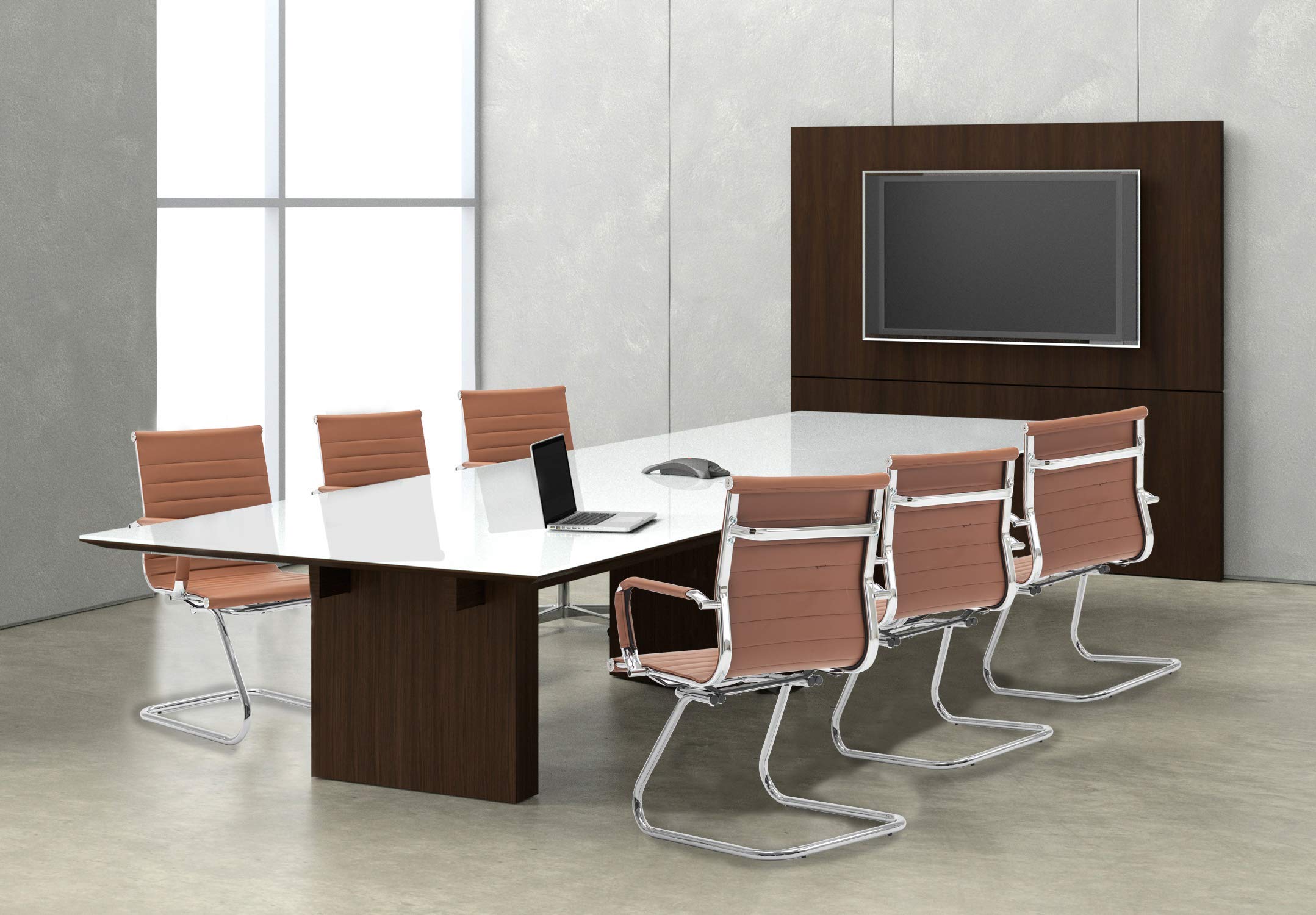 Guyou Office Reception Guest Chairs Set of 4 Mid Back PU Leather Metal Leg Sled Base Conference Reception Room Chairs with Arms (Coffee, 4 PCS)