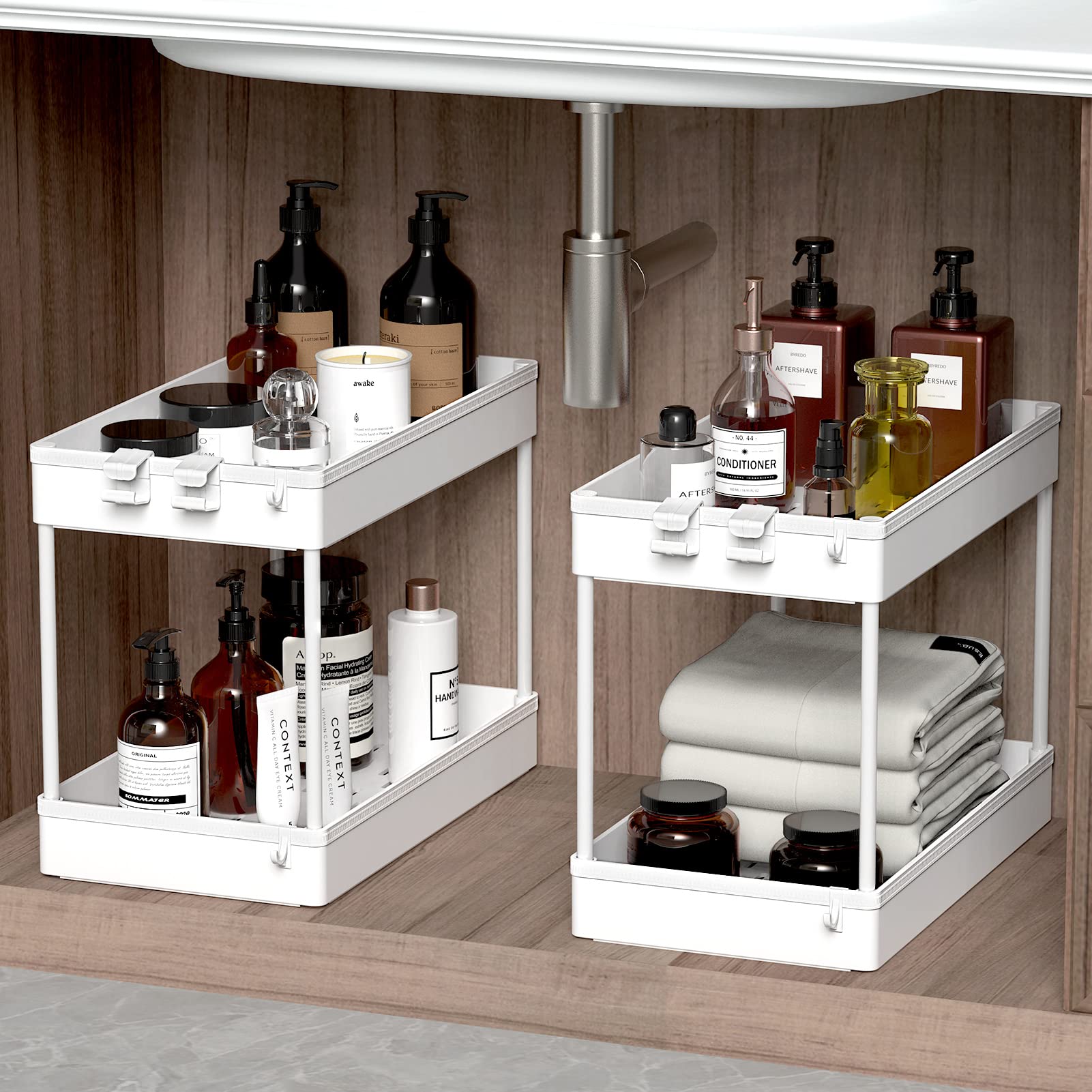 SPACEKEEPER Under Sink Organizer, 2 Tier Under Sink Storage Organizer, Bathroom Standing Rack, Bath Collection Baskets with Hooks, Multi-purpose Storage Shelf, White, 2 Pack