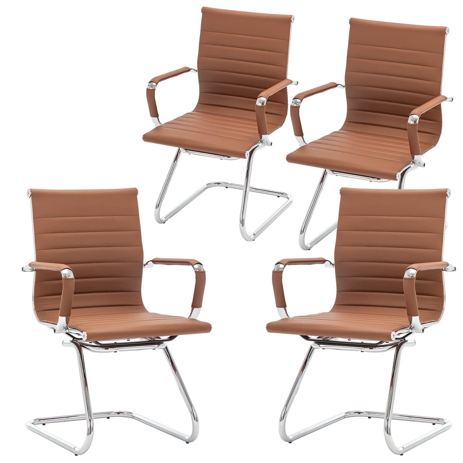Guyou Office Reception Guest Chairs Set of 4 Mid Back PU Leather Metal Leg Sled Base Conference Reception Room Chairs with Arms (Coffee, 4 PCS)