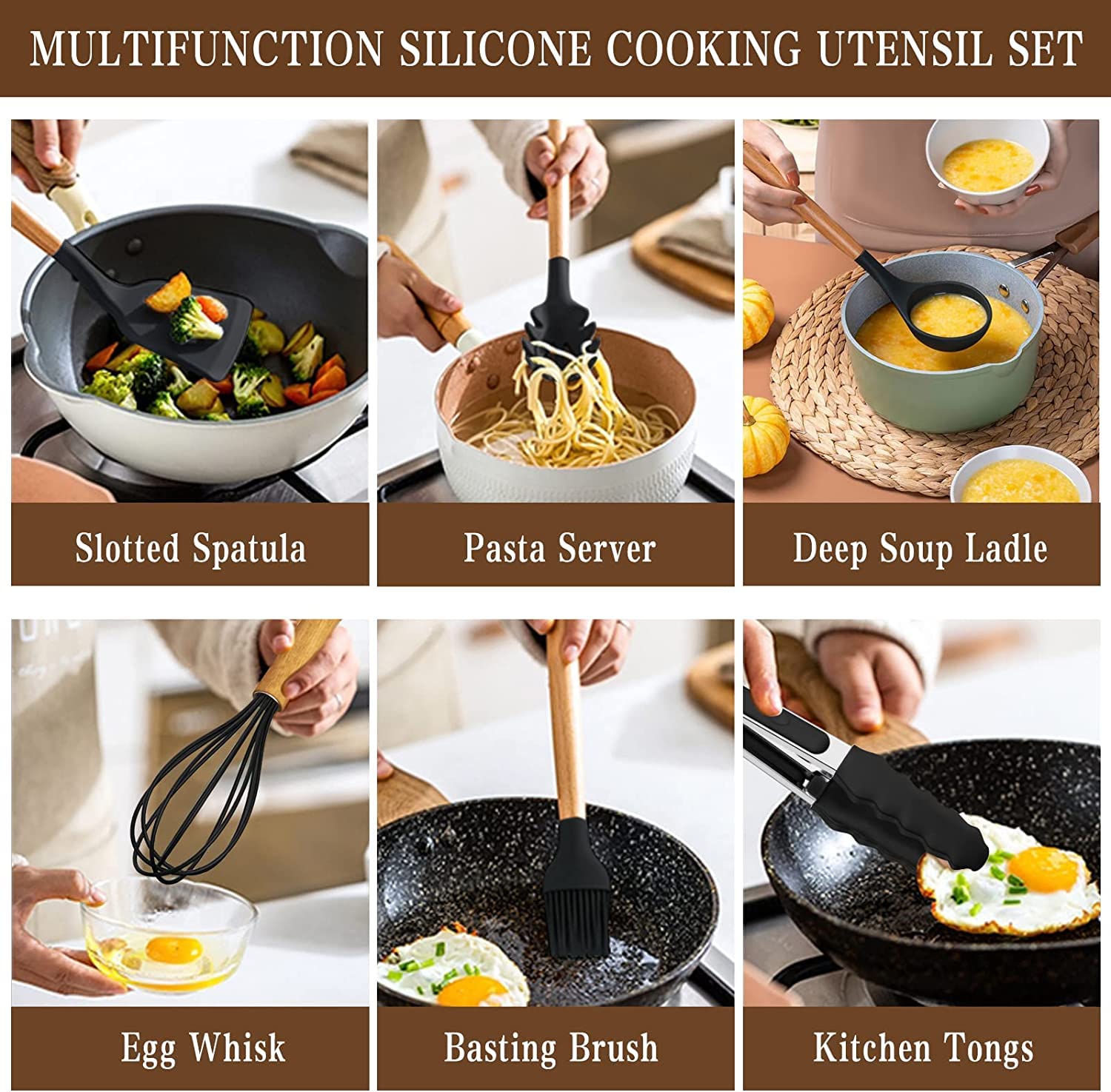 Kitchen Utensils Set, 33 pcs Non-Stick Silicone Cooking Utensils Set, Heat-Resistant Silicone, Wooden Utensils for Cooking, Kitchen Gadgets Spatula Set, Apartment Essentials Kitchen Set (Black)