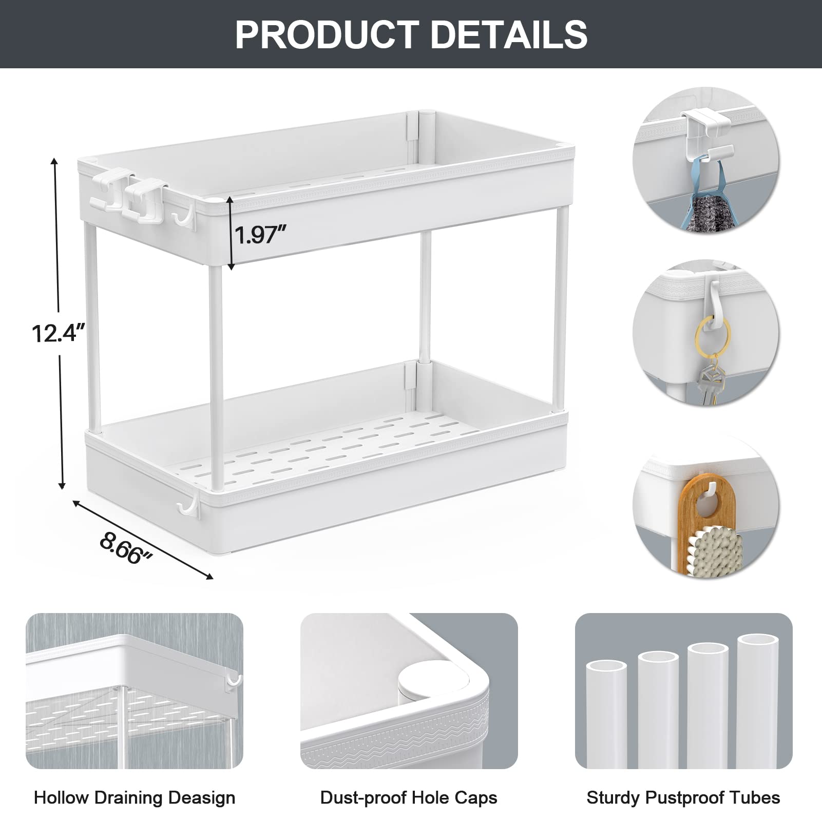 SPACEKEEPER Under Sink Organizer, 2 Tier Under Sink Storage Organizer, Bathroom Standing Rack, Bath Collection Baskets with Hooks, Multi-purpose Storage Shelf, White, 2 Pack