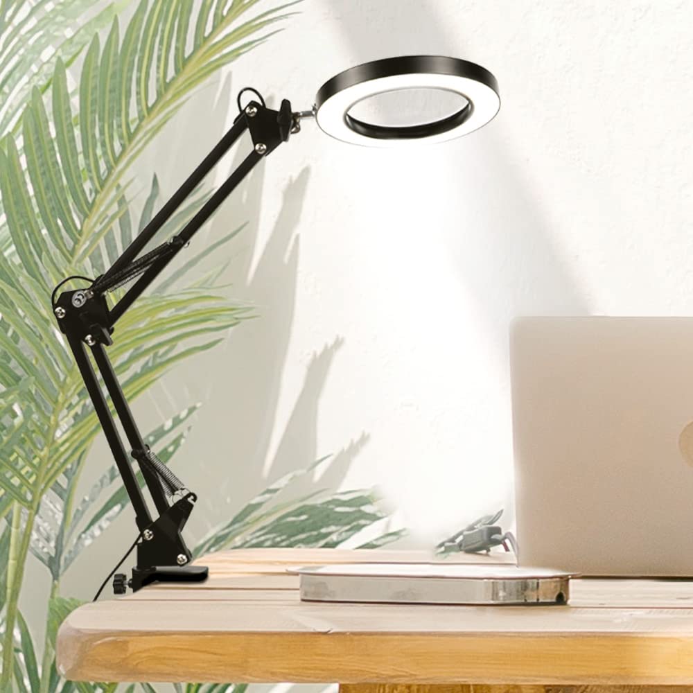 Magnifying Glass with Light,Swing Arm Desk Lamp with Clamp,3 Color Modes,79 Inch Cord,for Craft Repair Close Work (Black)