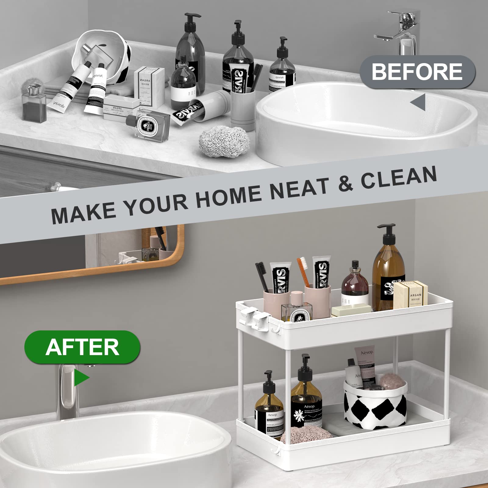 SPACEKEEPER Under Sink Organizer, 2 Tier Under Sink Storage Organizer, Bathroom Standing Rack, Bath Collection Baskets with Hooks, Multi-purpose Storage Shelf, White, 2 Pack