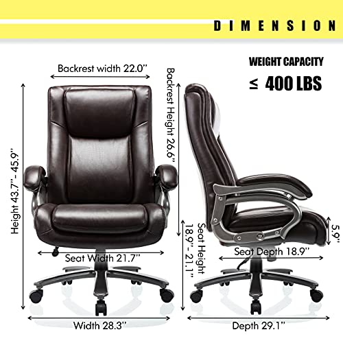 Big & Tall 400lb Office Chair - High Back Executive Computer Chair Heavy Duty Metal Base and Adjustable Tilt Angle Large Bonded Leather Desk Swivel Chair, Ergonomic Design for Lumbar Support (Brown)