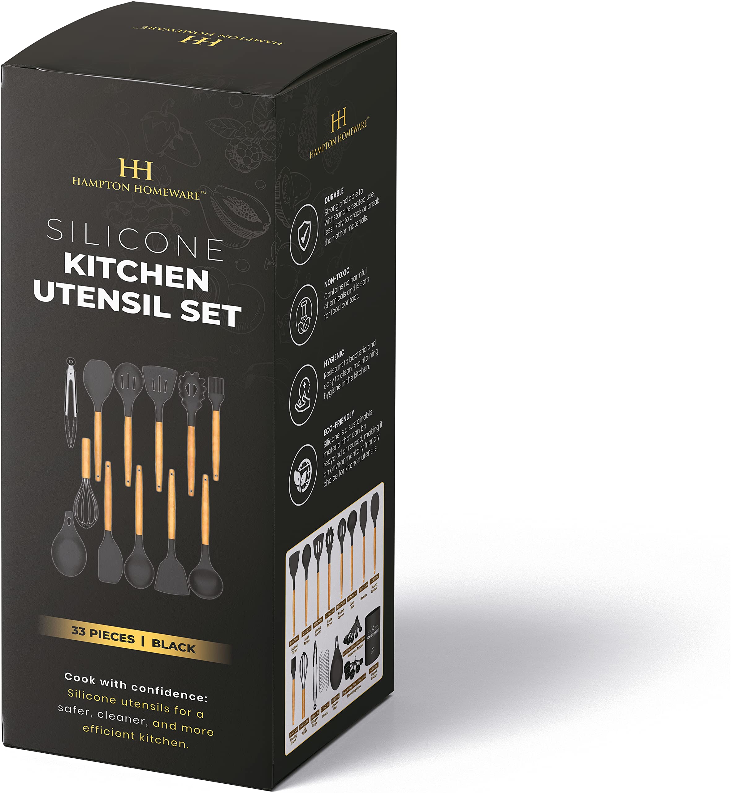 Kitchen Utensils Set, 33 pcs Non-Stick Silicone Cooking Utensils Set, Heat-Resistant Silicone, Wooden Utensils for Cooking, Kitchen Gadgets Spatula Set, Apartment Essentials Kitchen Set (Black)