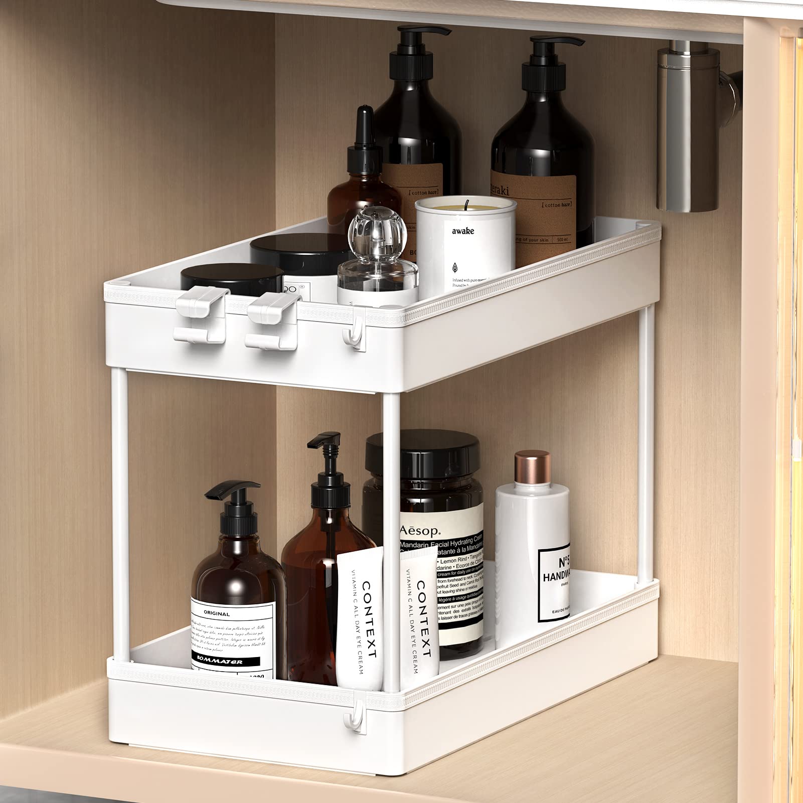 SPACEKEEPER Under Sink Organizer, 2 Tier Under Sink Storage Organizer, Bathroom Standing Rack, Bath Collection Baskets with Hooks, Multi-purpose Storage Shelf, White, 2 Pack