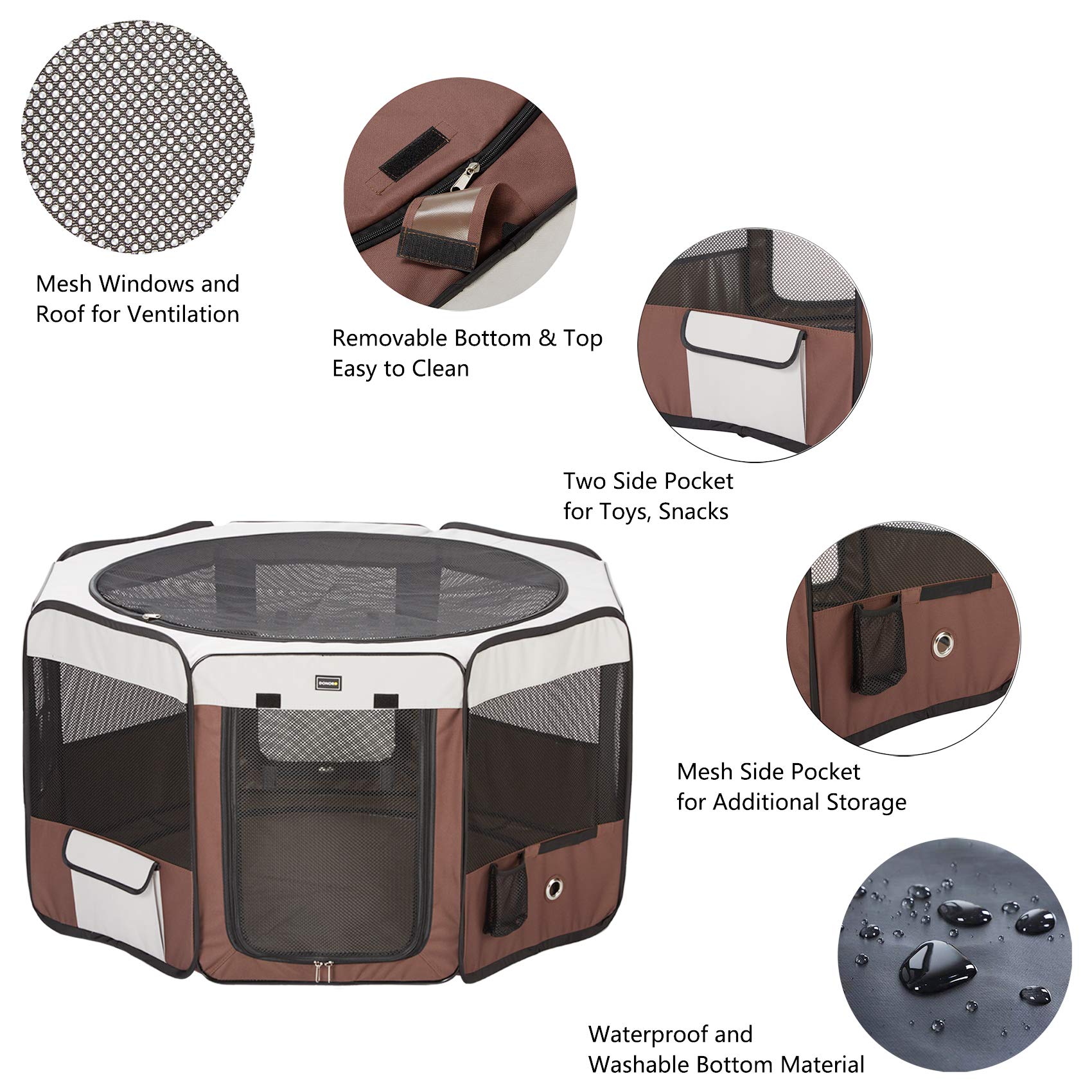 DONORO Dog Playpen 29" Portable Pet Play Pens for Small Dog/Cat/Rabbit/Chicks, Foldable Exercise Kennel Tent Crate Indoor/Outdoor Travel Camping, Removable Top/Bottom (Brown, Small (29"x29"x15"), 8)