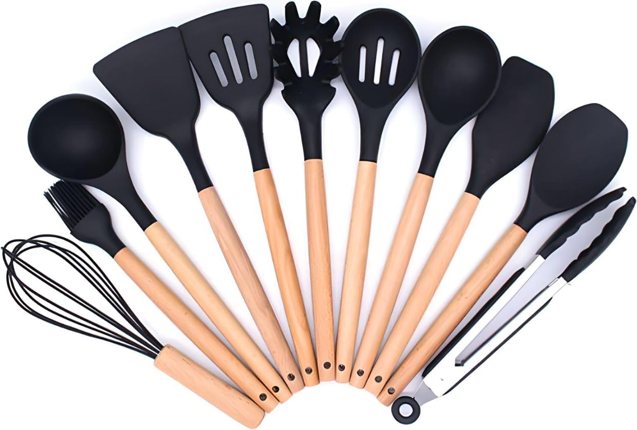 Kitchen Utensils Set, 33 pcs Non-Stick Silicone Cooking Utensils Set, Heat-Resistant Silicone, Wooden Utensils for Cooking, Kitchen Gadgets Spatula Set, Apartment Essentials Kitchen Set (Black)