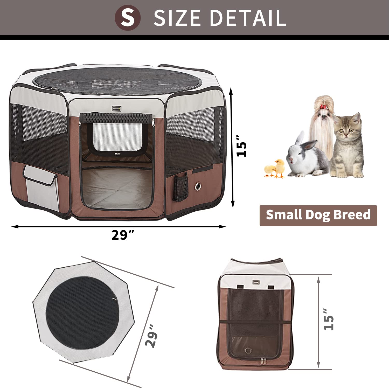 DONORO Dog Playpen 29" Portable Pet Play Pens for Small Dog/Cat/Rabbit/Chicks, Foldable Exercise Kennel Tent Crate Indoor/Outdoor Travel Camping, Removable Top/Bottom (Brown, Small (29"x29"x15"), 8)