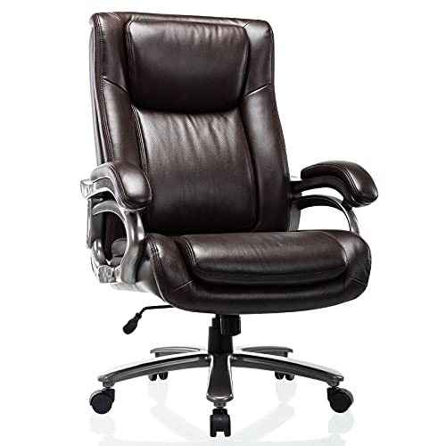 Big & Tall 400lb Office Chair - High Back Executive Computer Chair Heavy Duty Metal Base and Adjustable Tilt Angle Large Bonded Leather Desk Swivel Chair, Ergonomic Design for Lumbar Support (Brown)