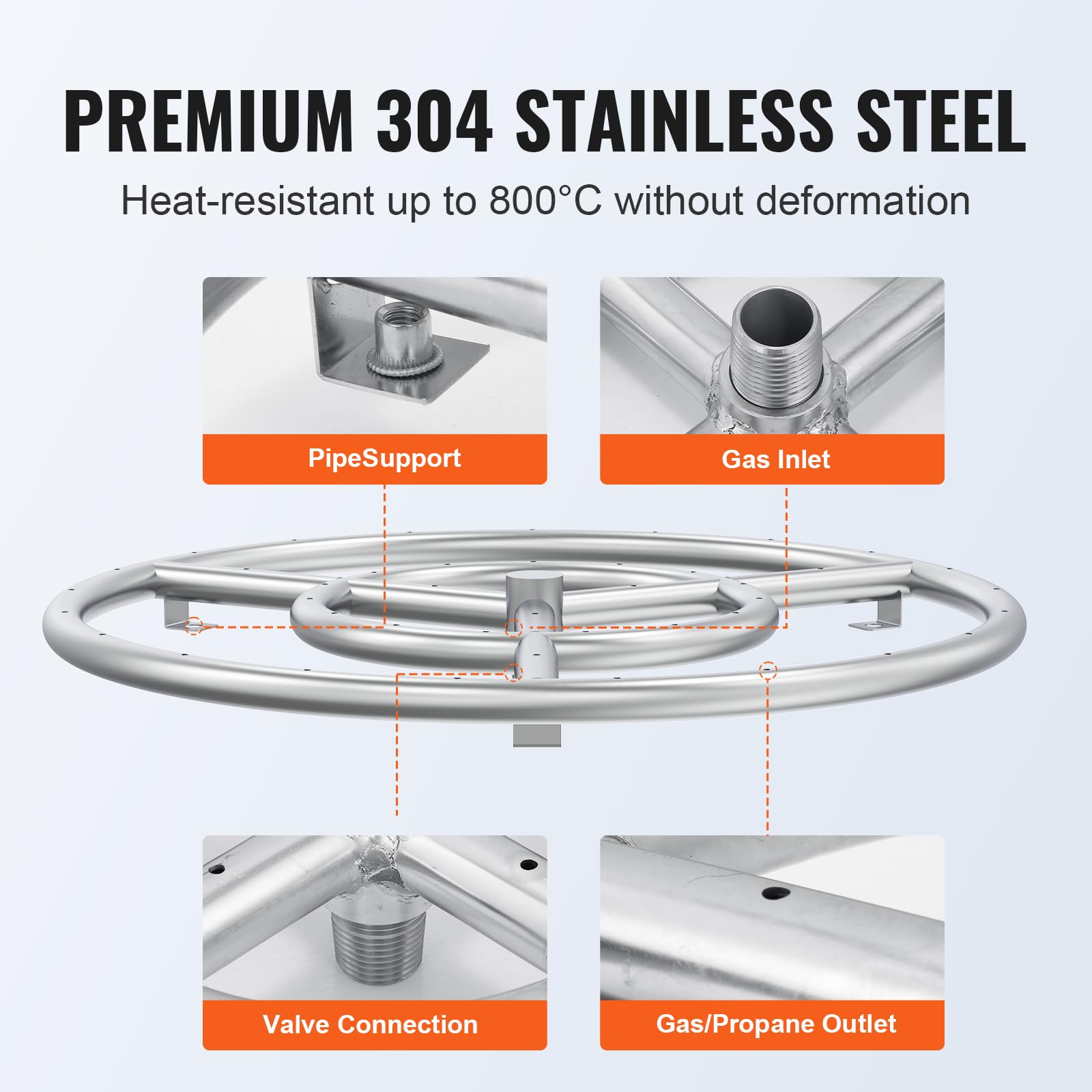 VEVOR 18 inch Round Drop-in Fire Pit Pan, Stainless Steel Fire Pit Burner Kit, Propane Gas Fire Pan with 150,000 BTU for Indoor or Outdoor Use