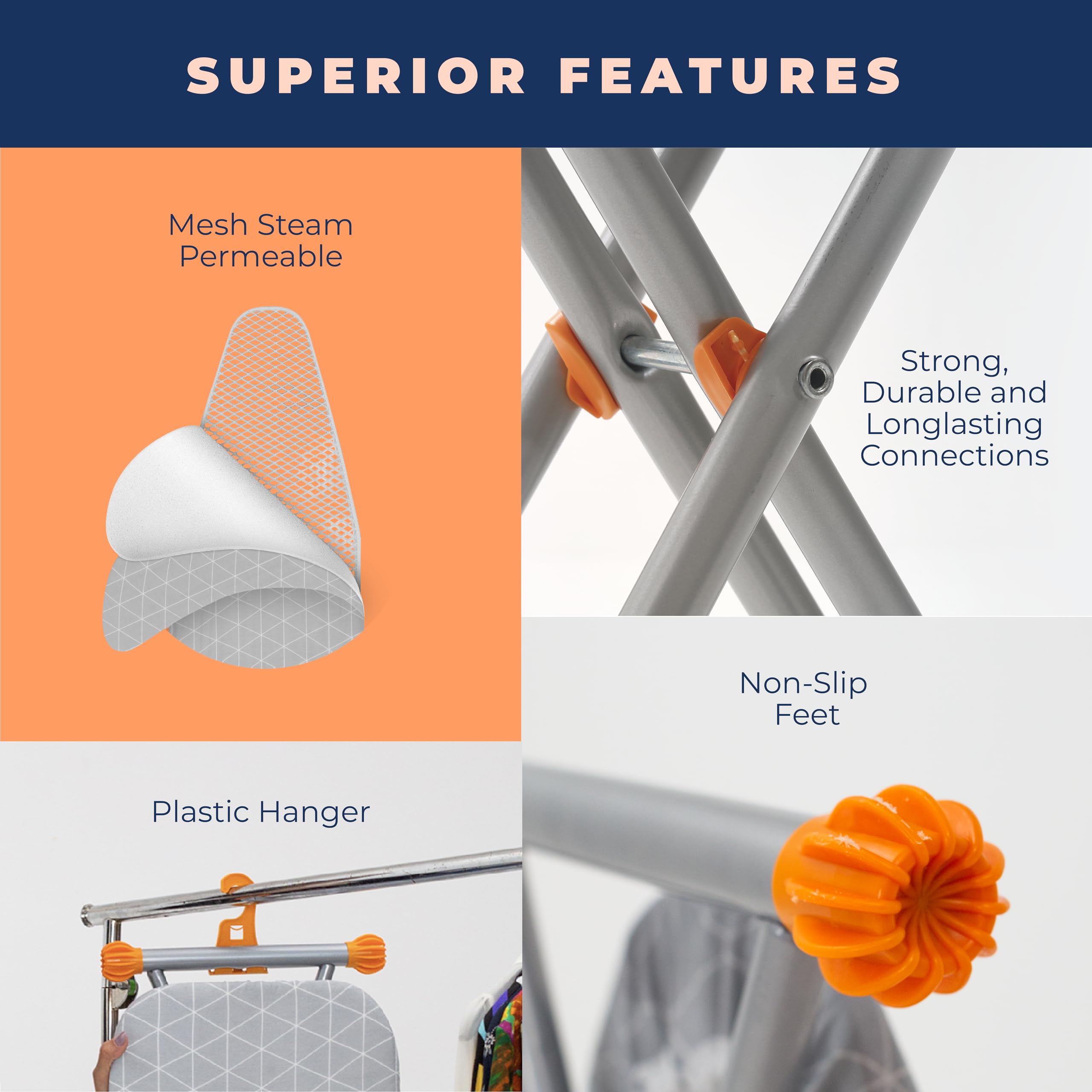 Happhom Compact Space Saver Ironing Board with Extra Thick Heavy Duty Padded Cotton Cover, Height Adjustable, Lightweight and Easy Storage with Smart Hanger, Easy Storage and Lightweight Design 13x43