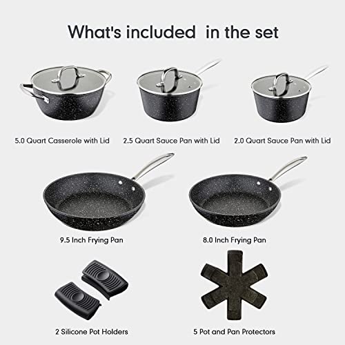 JEETEE Kitchen Pots and Pans Set Nonstick Granite Cookware Set Pans for Cooking w/Frying Pan, Saucepan, Cooking Pot, Oven Safe(Black, 15pcs Cookware Set)