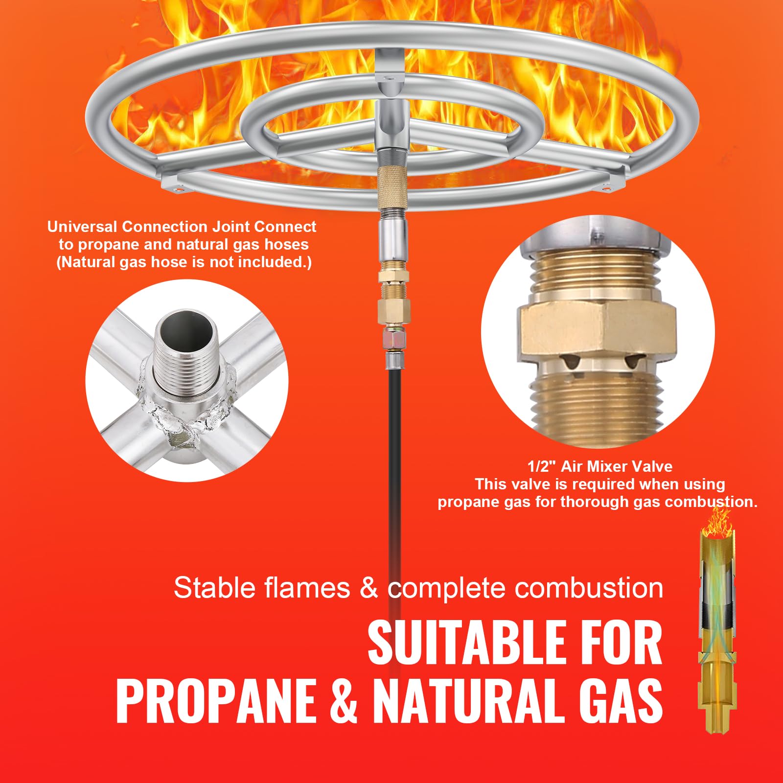 VEVOR 18 inch Round Drop-in Fire Pit Pan, Stainless Steel Fire Pit Burner Kit, Propane Gas Fire Pan with 150,000 BTU for Indoor or Outdoor Use