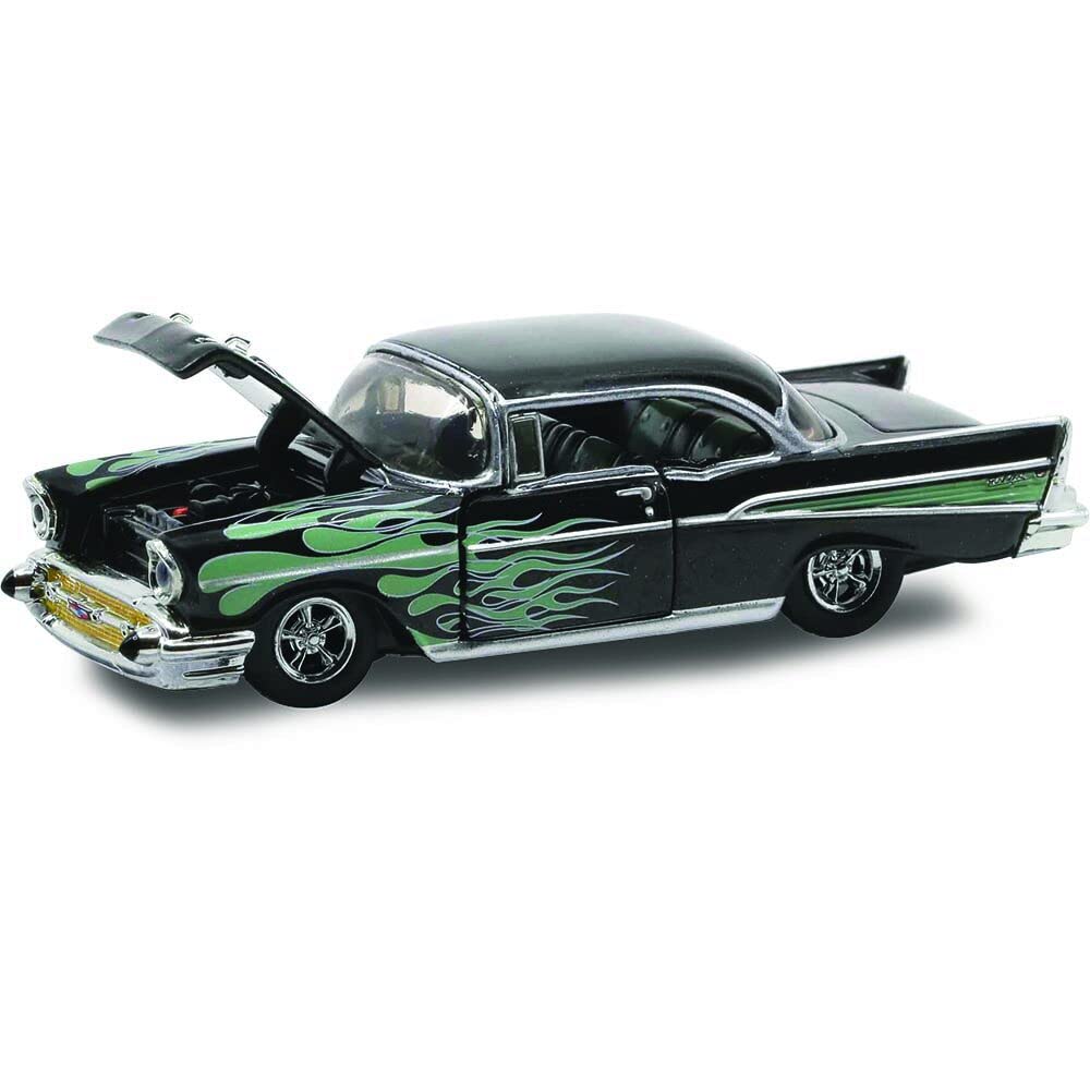 1957 Chevy Bel Air Black Metallic with Green Flames Limited Edition to 8250 Pieces Worldwide 1/64 Diecast Model Car by M2 Machines 31500-HS28