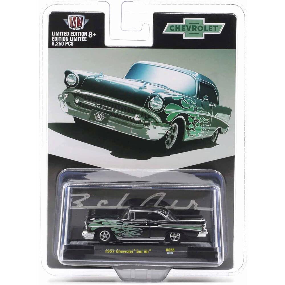 1957 Chevy Bel Air Black Metallic with Green Flames Limited Edition to 8250 Pieces Worldwide 1/64 Diecast Model Car by M2 Machines 31500-HS28