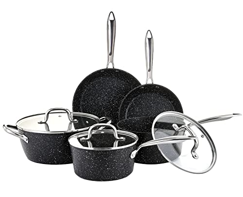 JEETEE Kitchen Pots and Pans Set Nonstick Granite Cookware Set Pans for Cooking w/Frying Pan, Saucepan, Cooking Pot, Oven Safe(Black, 15pcs Cookware Set)