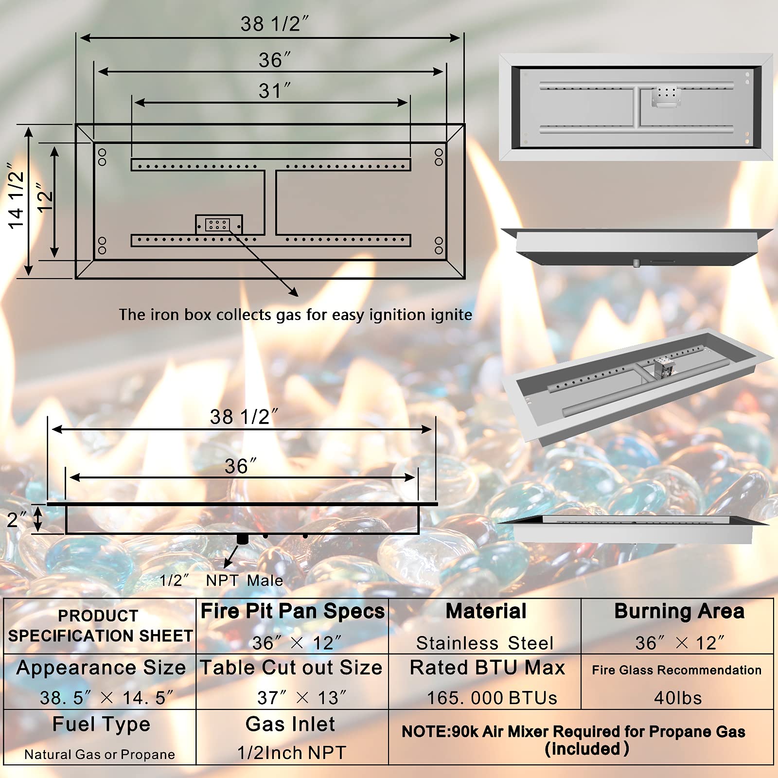 Uniflasy 36" by 12" Drop-in Fire Pit Pan Burner Kit, Stainless Steel Propane Rectangular Firepit Pan Insert with H-Burner, Spark Ignition Propane Hose Kit Fire Pit Table Insert for Indoor or Outdoor